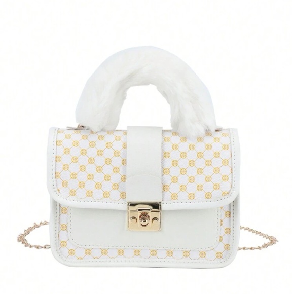 Bags | White Mini Crossbody Bag With Gold Chain Faux Fur Handle Luxury ...